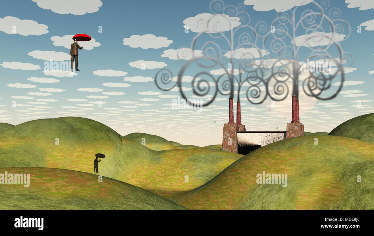 Fantastic landscape with man floating in sky under umbrella Stock Photo ...