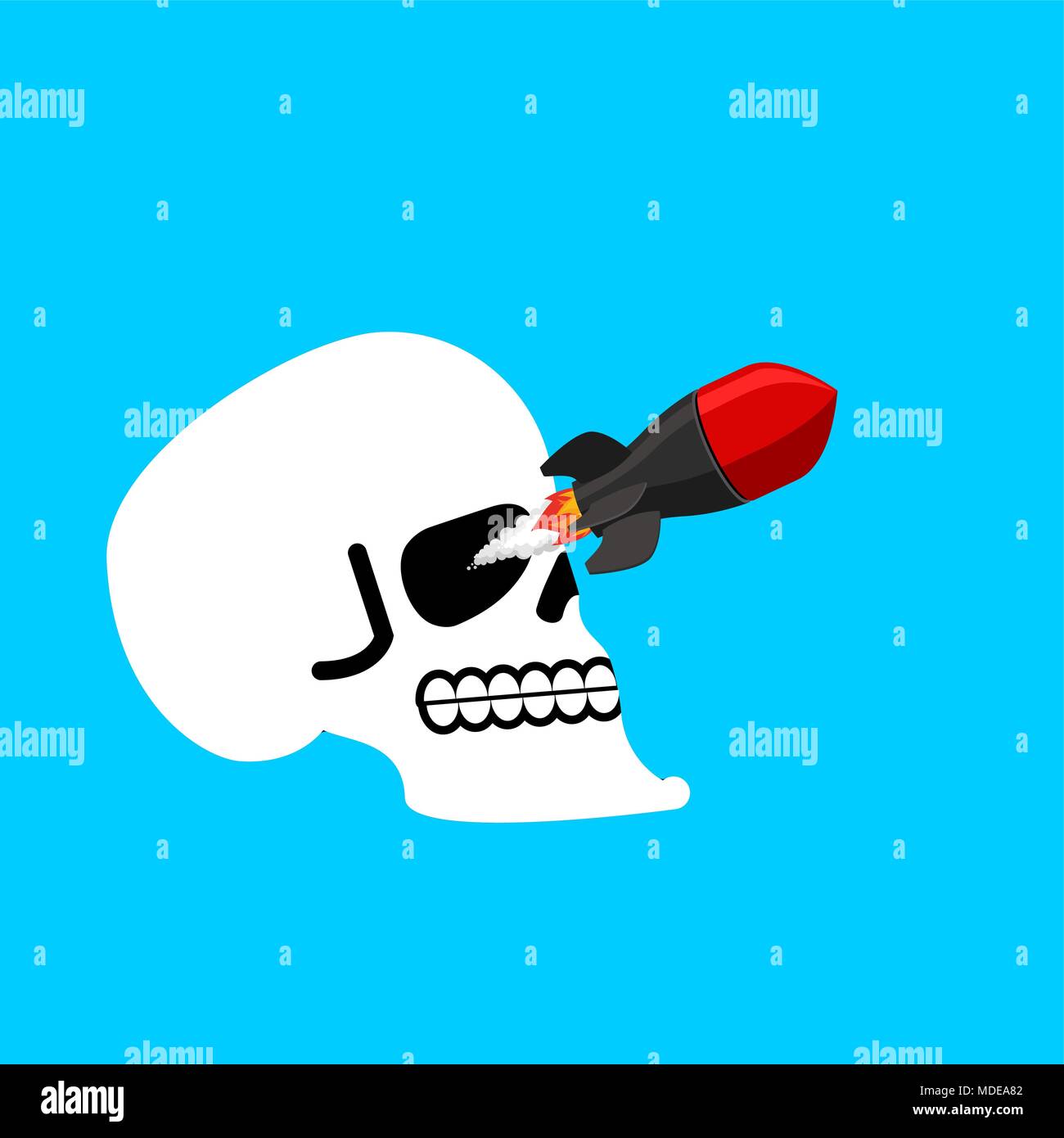Skull and missile. Head of skeleton releases military rockets. War ...