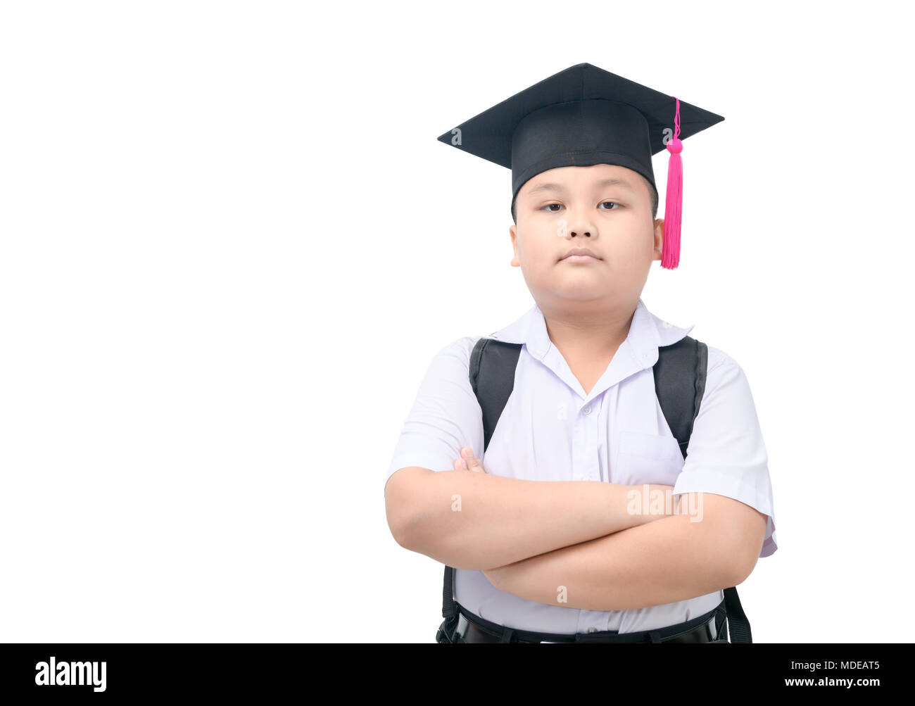 smart asian boy student with graduate cap isolated on white background ...