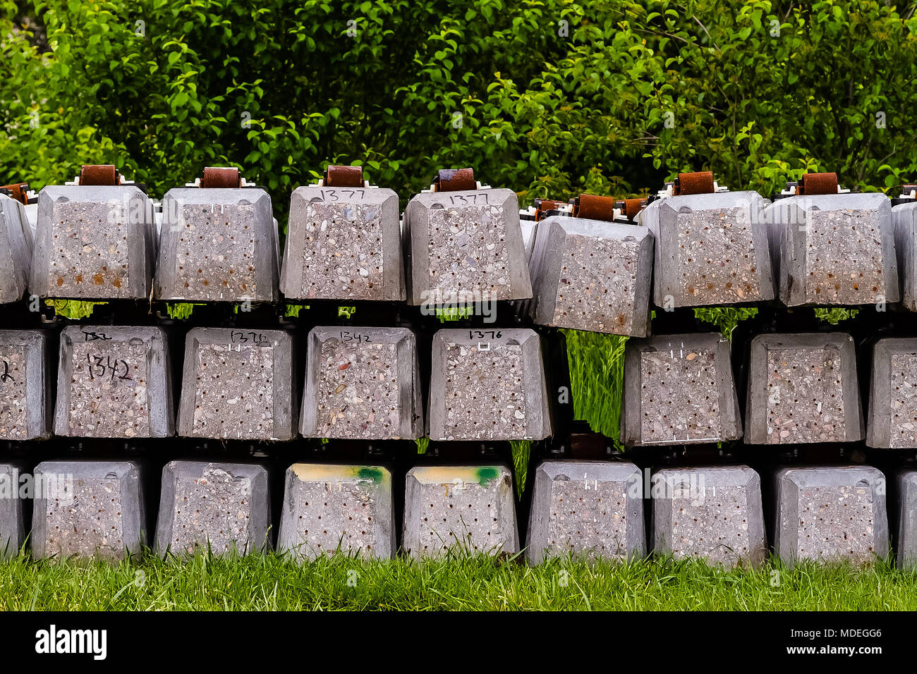stack of new railroad ties for hi-speed rail line Stock Photo - Alamy