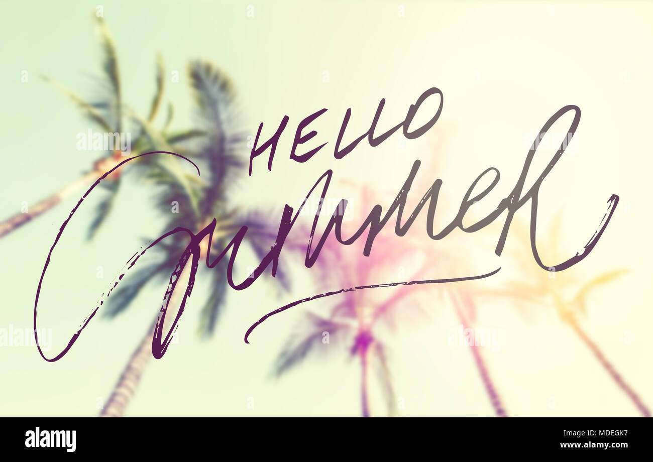 Creative poster with blurry colorful palms and message saying Hello ...