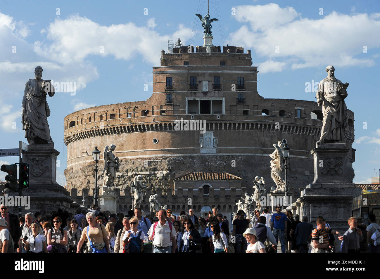 Roman Ponte Sant'Angelo (Bridge of Saint Angel) on Tiber river with Baroue statues of angels by ...
