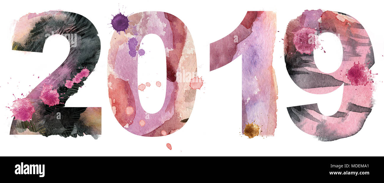 New year 2019 watercolor number isolated on the white background Stock ...
