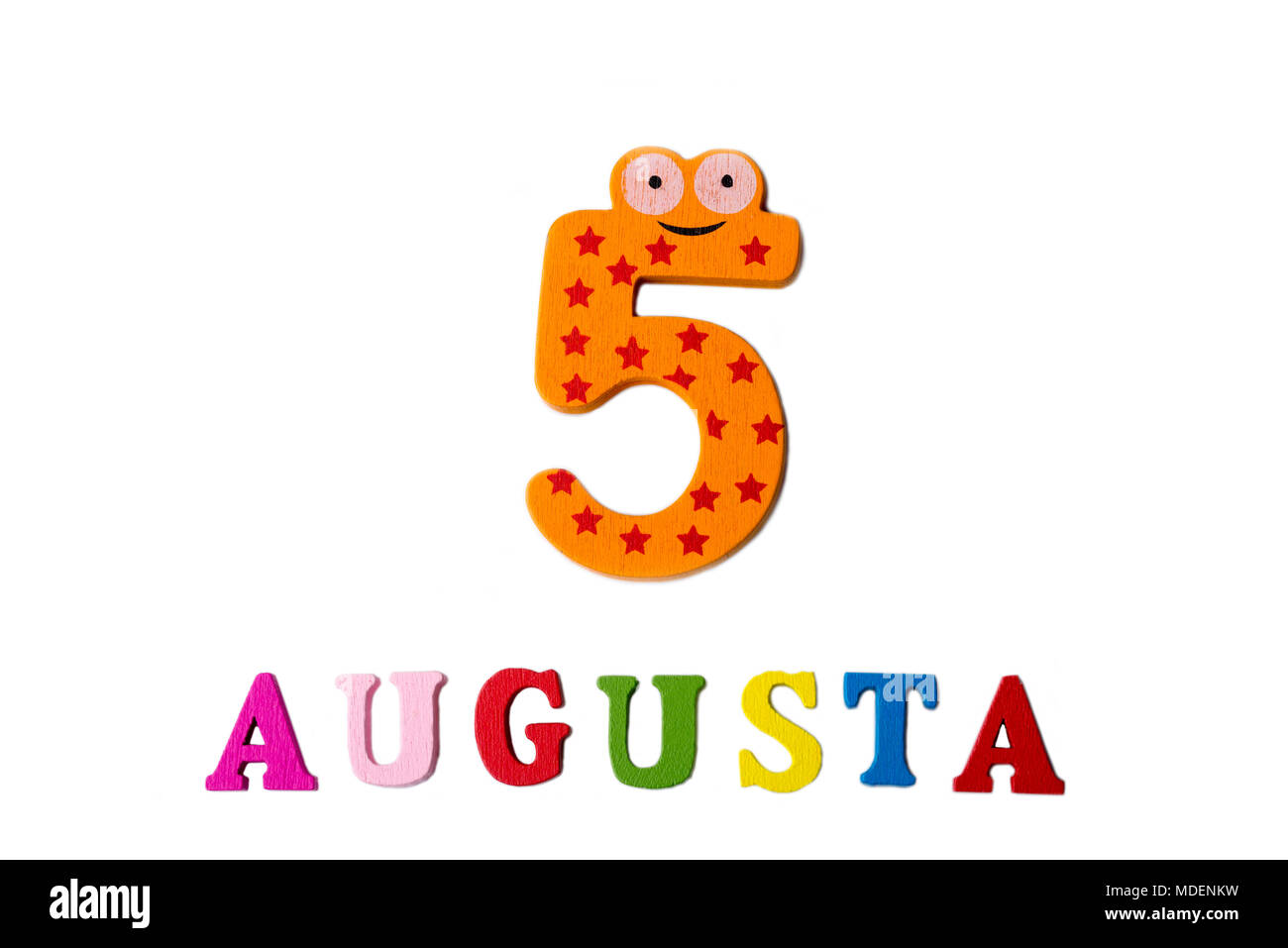 August 5. Image of August 5, close-up of numbers and letters on white ...