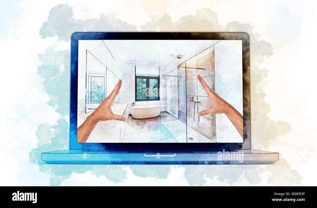 Digital Artwork sketch of a modern laptop and hands framing a ...
