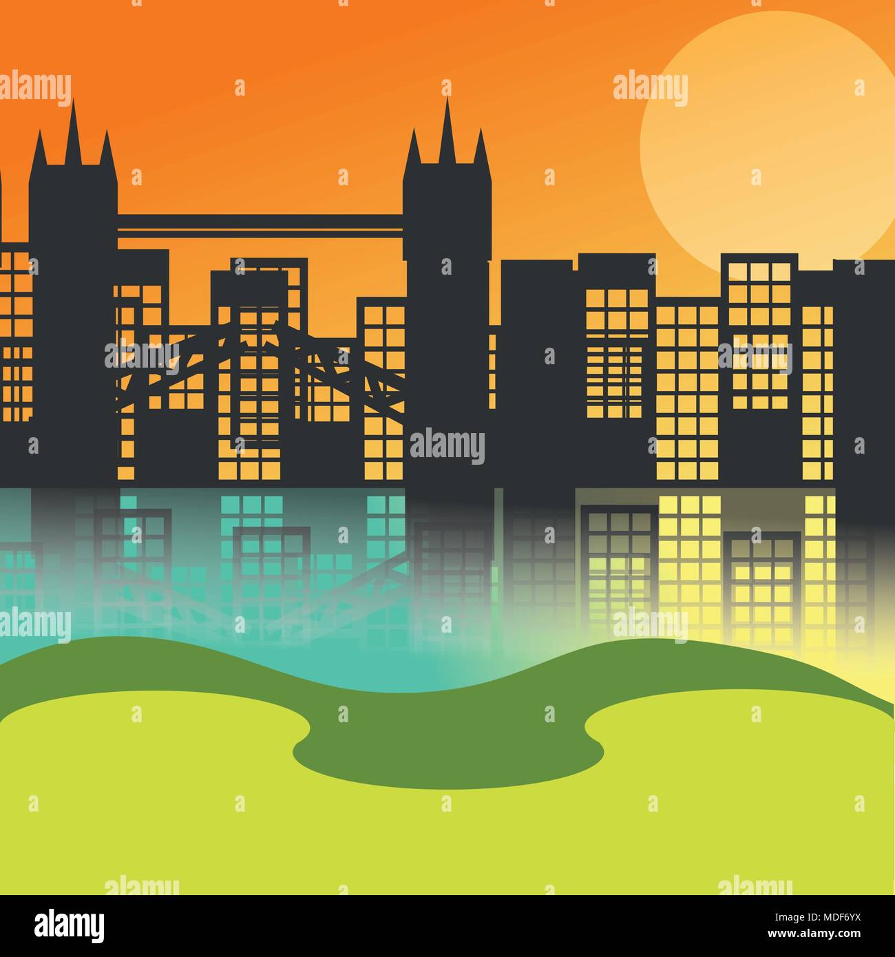 cityscape skyscrapers bridge sunset background Stock Vector Image & Art - Alamy