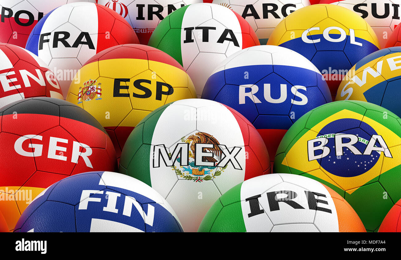 soccer balls colored in different national flag colors - 3D rendering ...