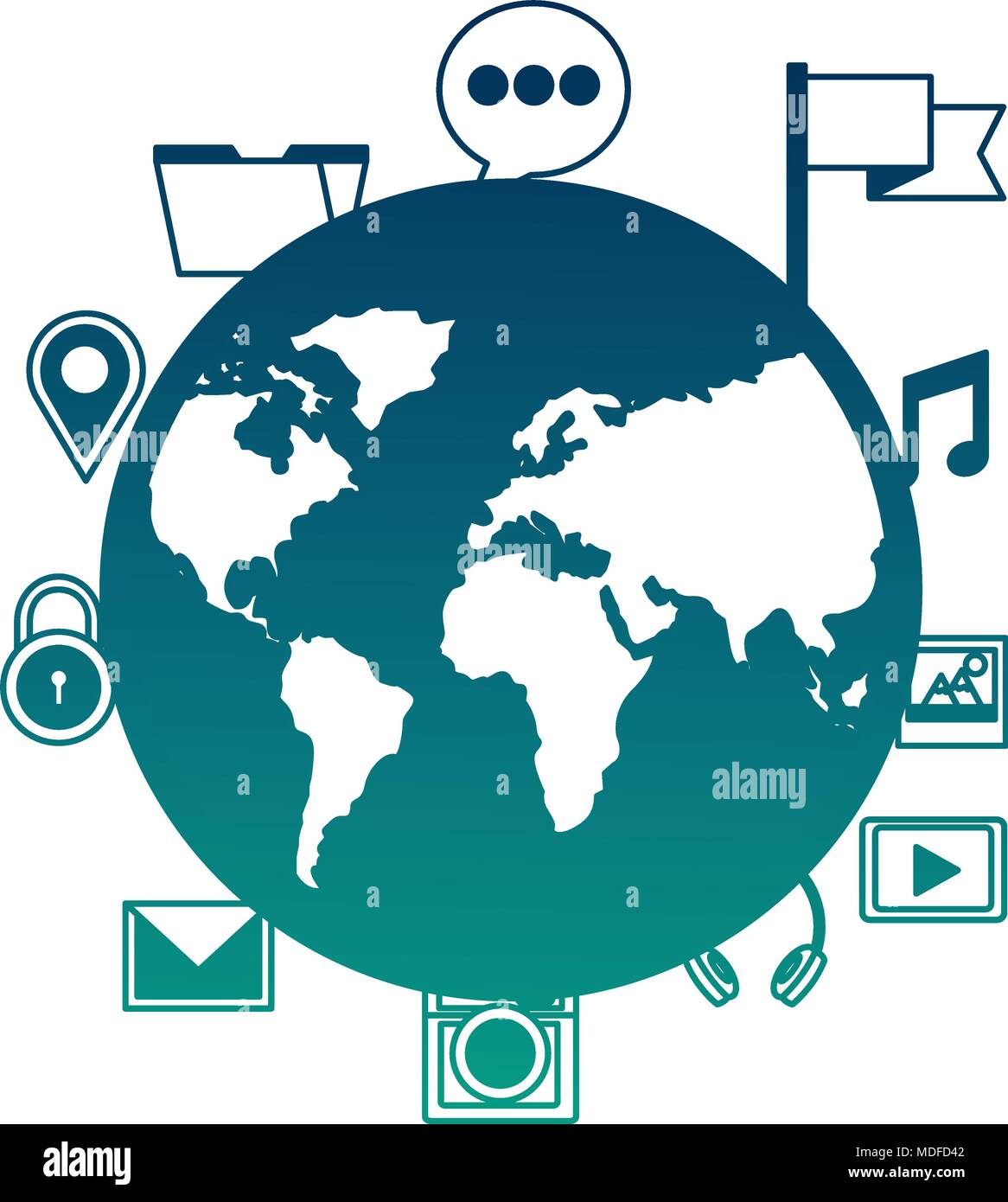 globe map around social media icons Stock Vector Image & Art - Alamy