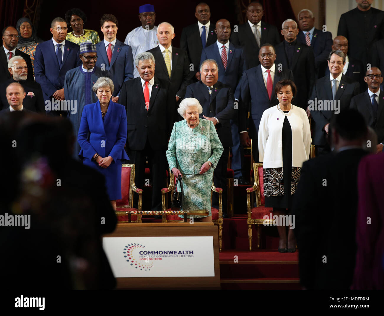 Queen Elizabeth II and Prime Minister Theresa May at the formal opening ...
