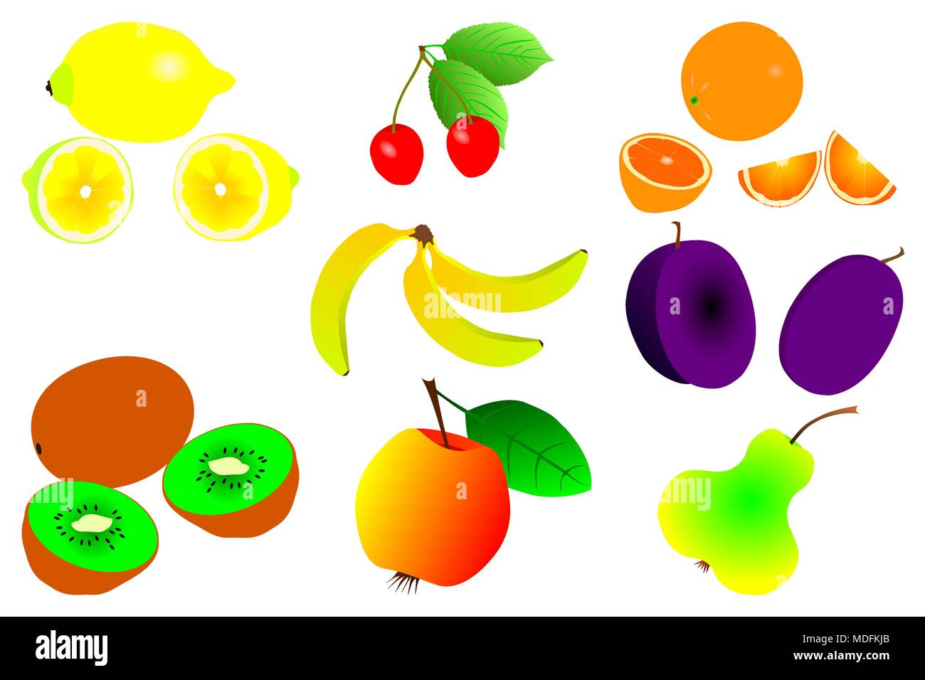 Fruit illustration - vector set, lemon, cherry, orange, banana, plum ...