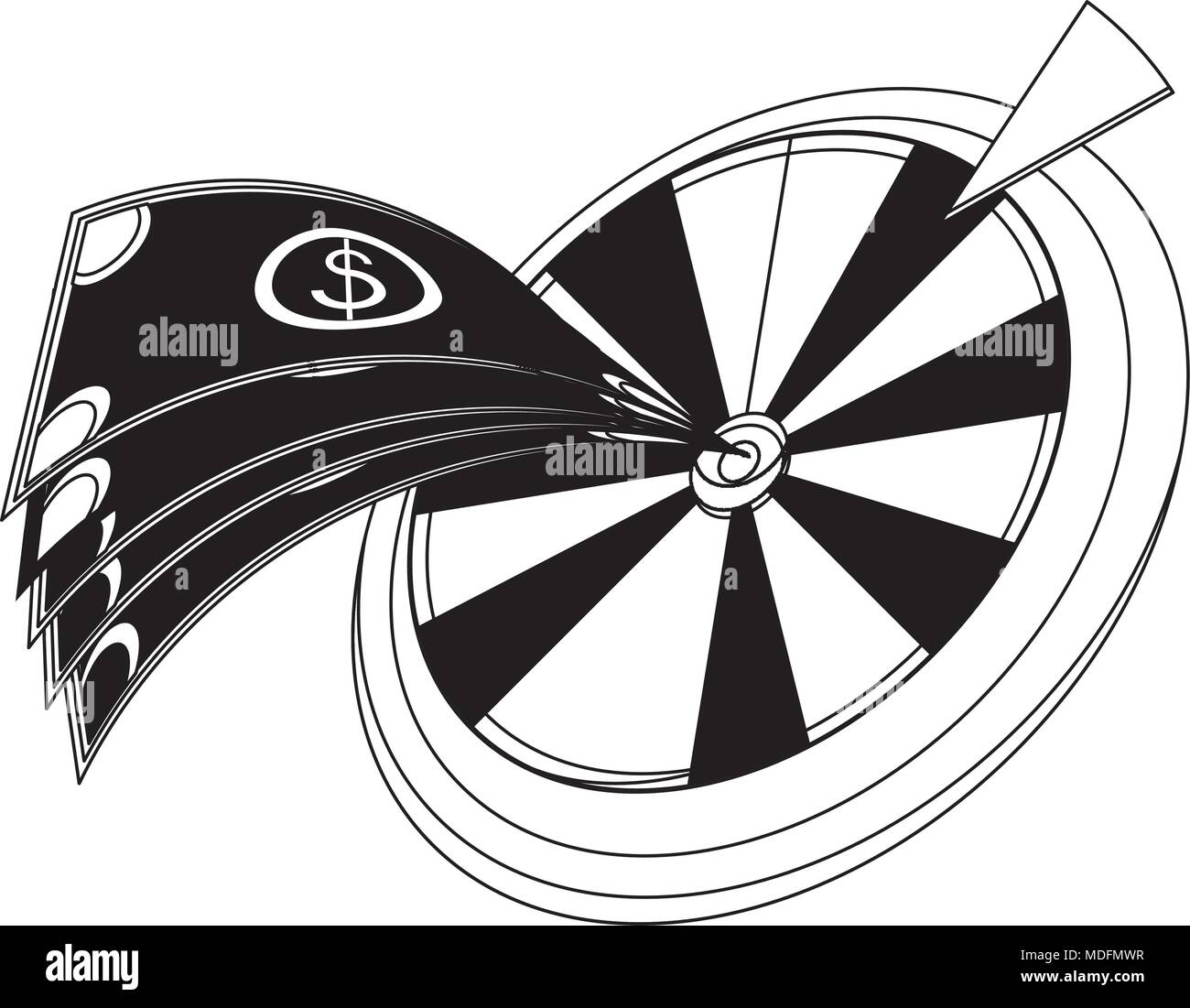 fortune wheel and money bills icon over white background, black and ...