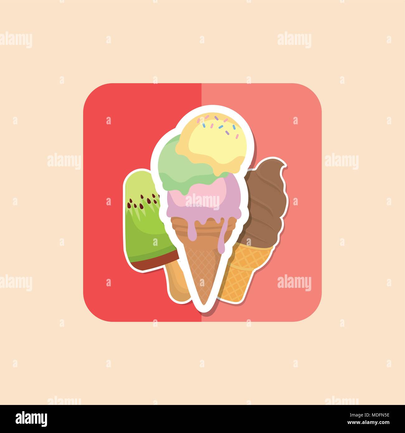 ice creams over red square and orange background, colorful design ...