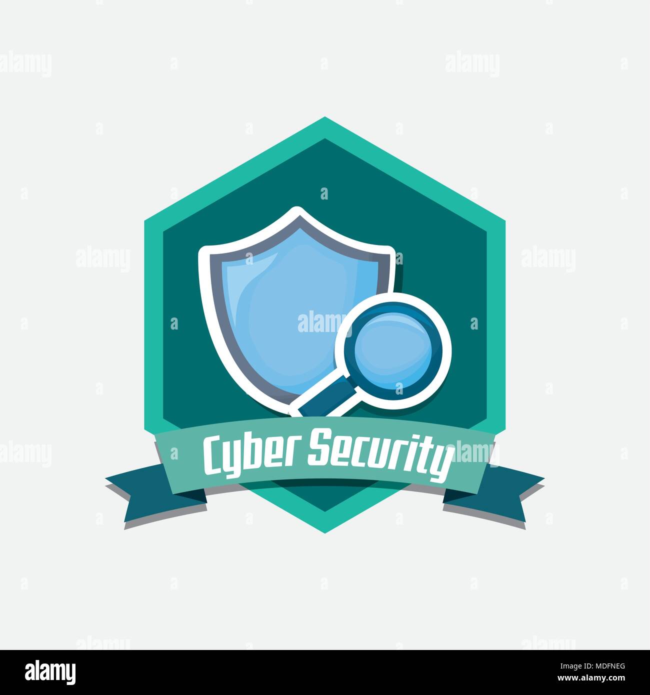 emblem of cyber security with shield and lupe over white background ...