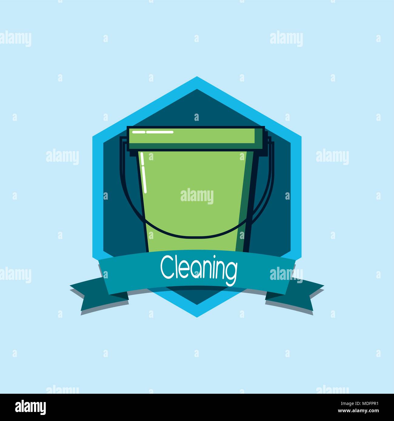 cleaning emblem with bucket icon over blue background, colorful design ...