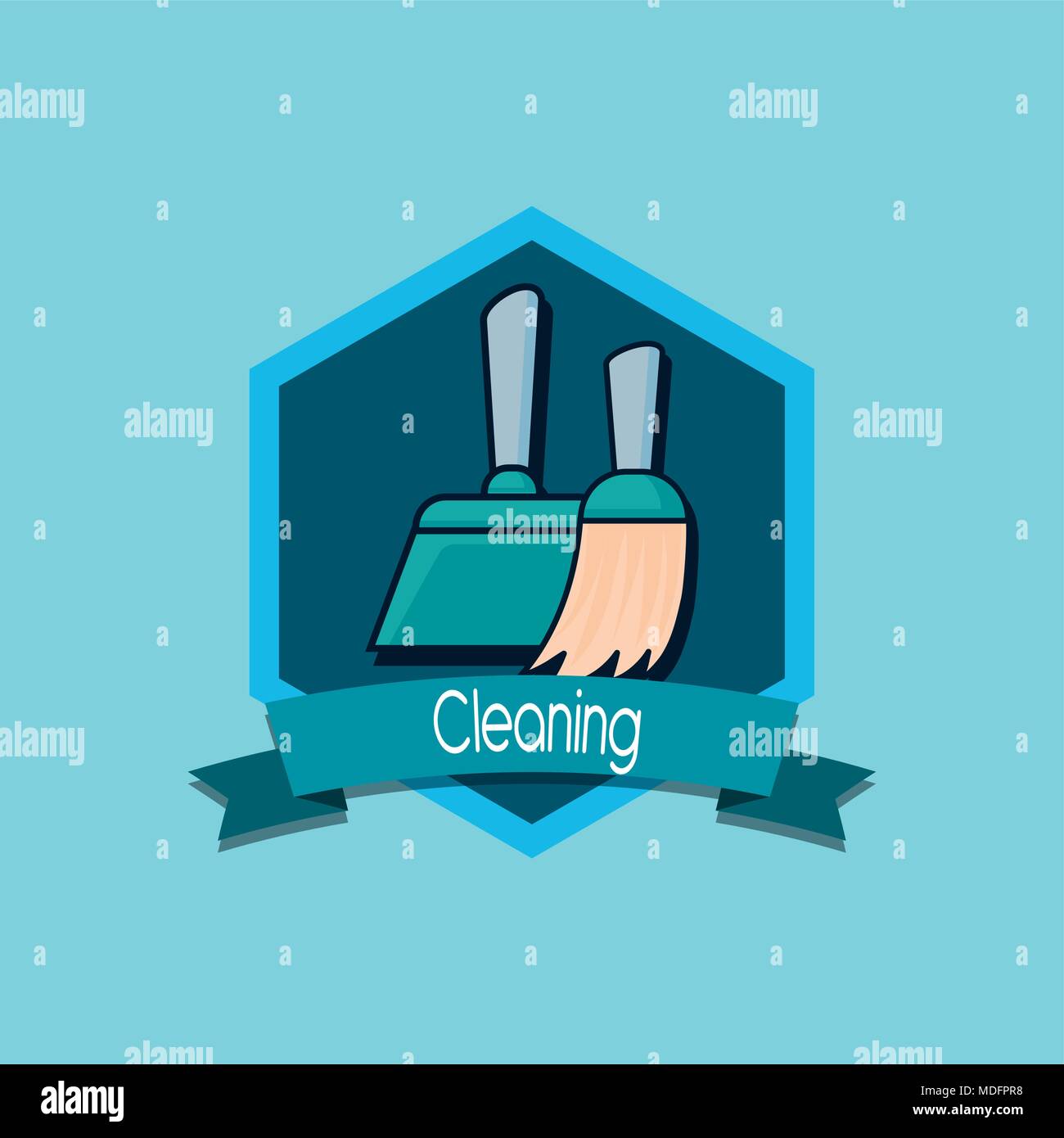 cleaning emblem with broom and dustpan icon over blue background ...