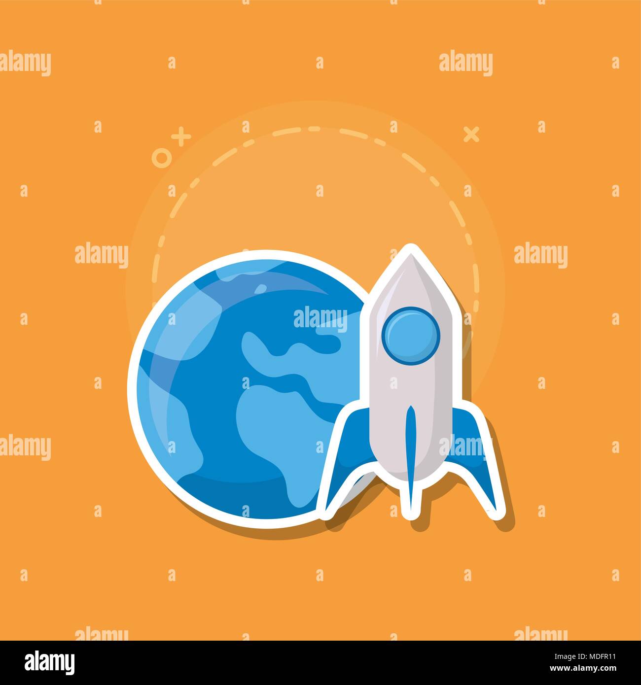 earth planet and rocket over orange background, colorful design. vector ...