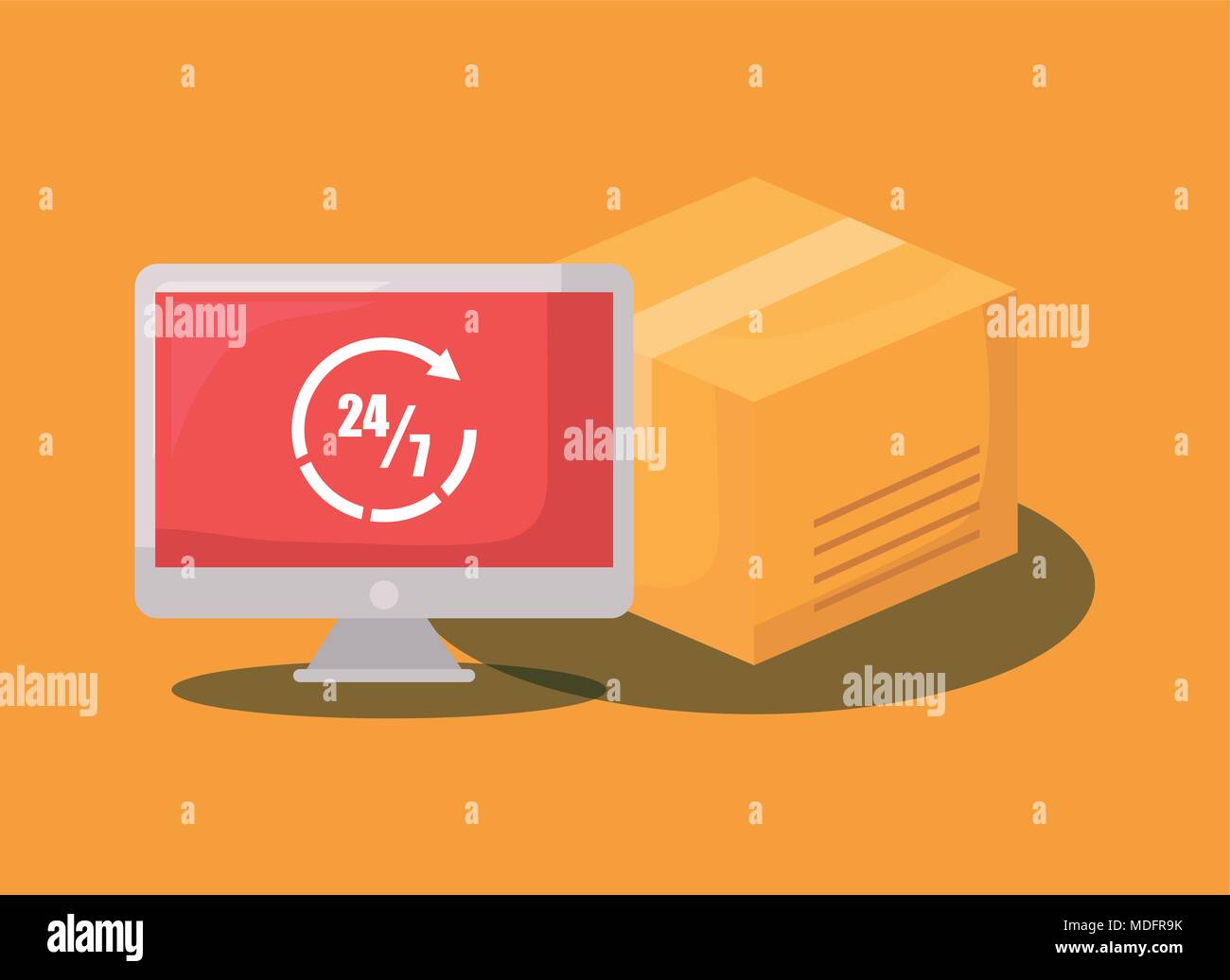 box and computer with symbol on screen over orange background, colorful ...
