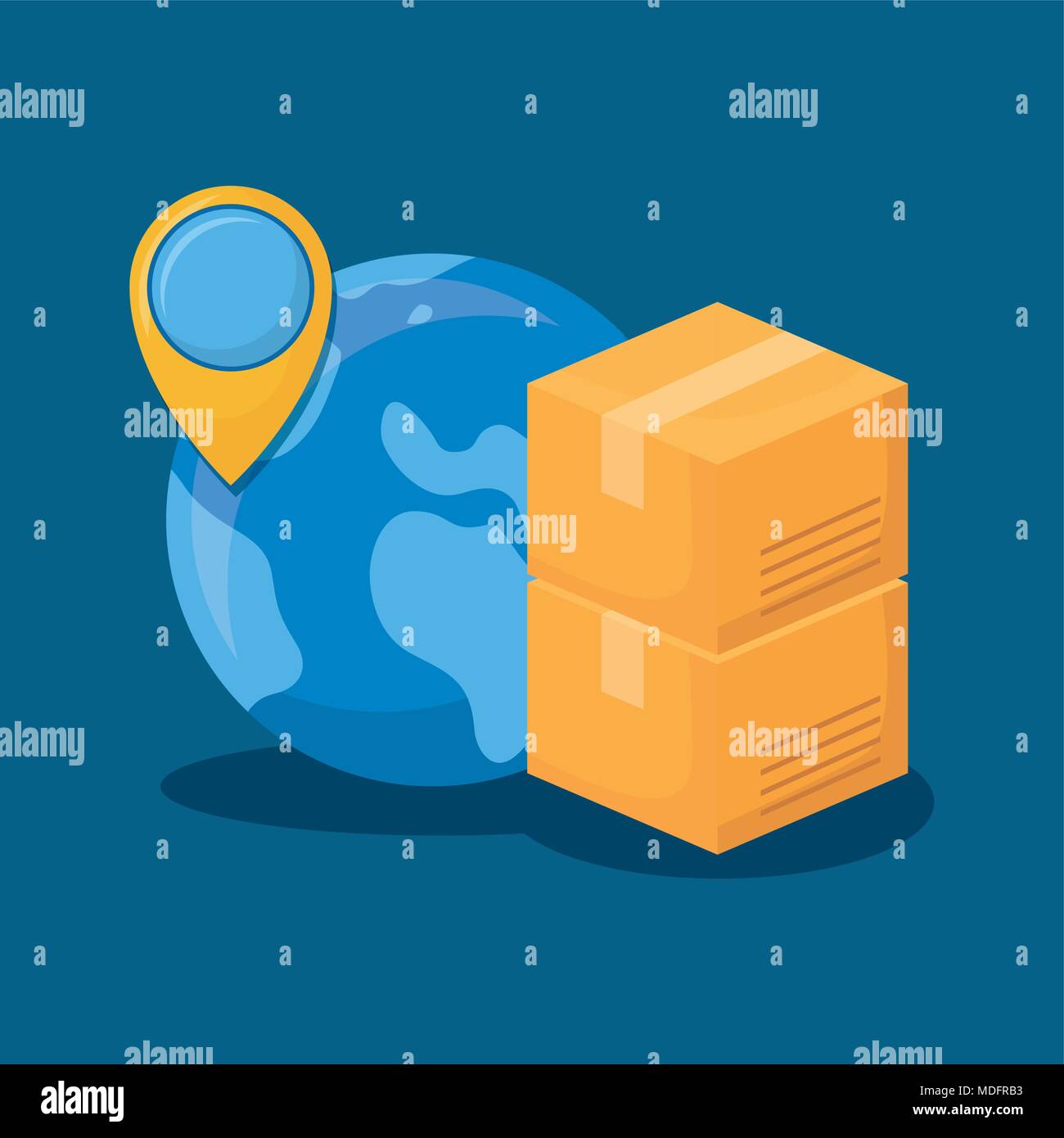 earth planet and carton boxes over blue background, colorful design ...