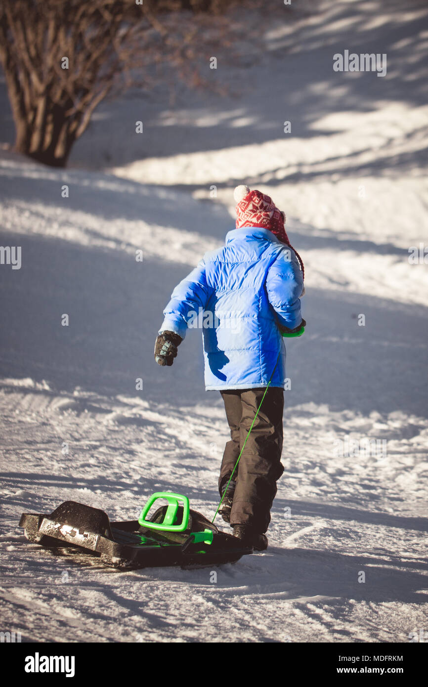 Boy pulling a sledge in the snow Stock Photo - Alamy