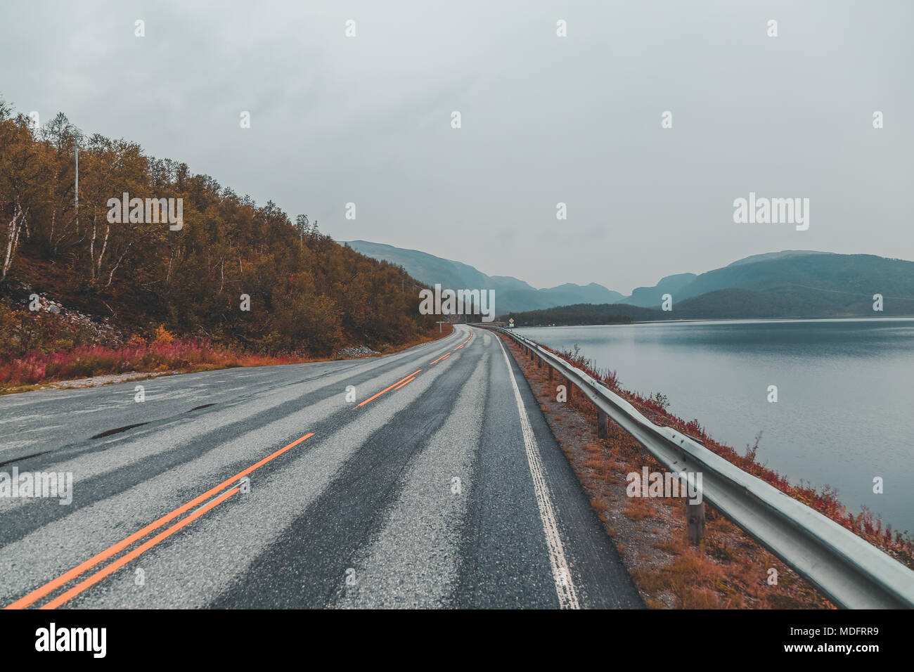 Empty road view in northern Norway by the sea north of Alta Stock Photo ...