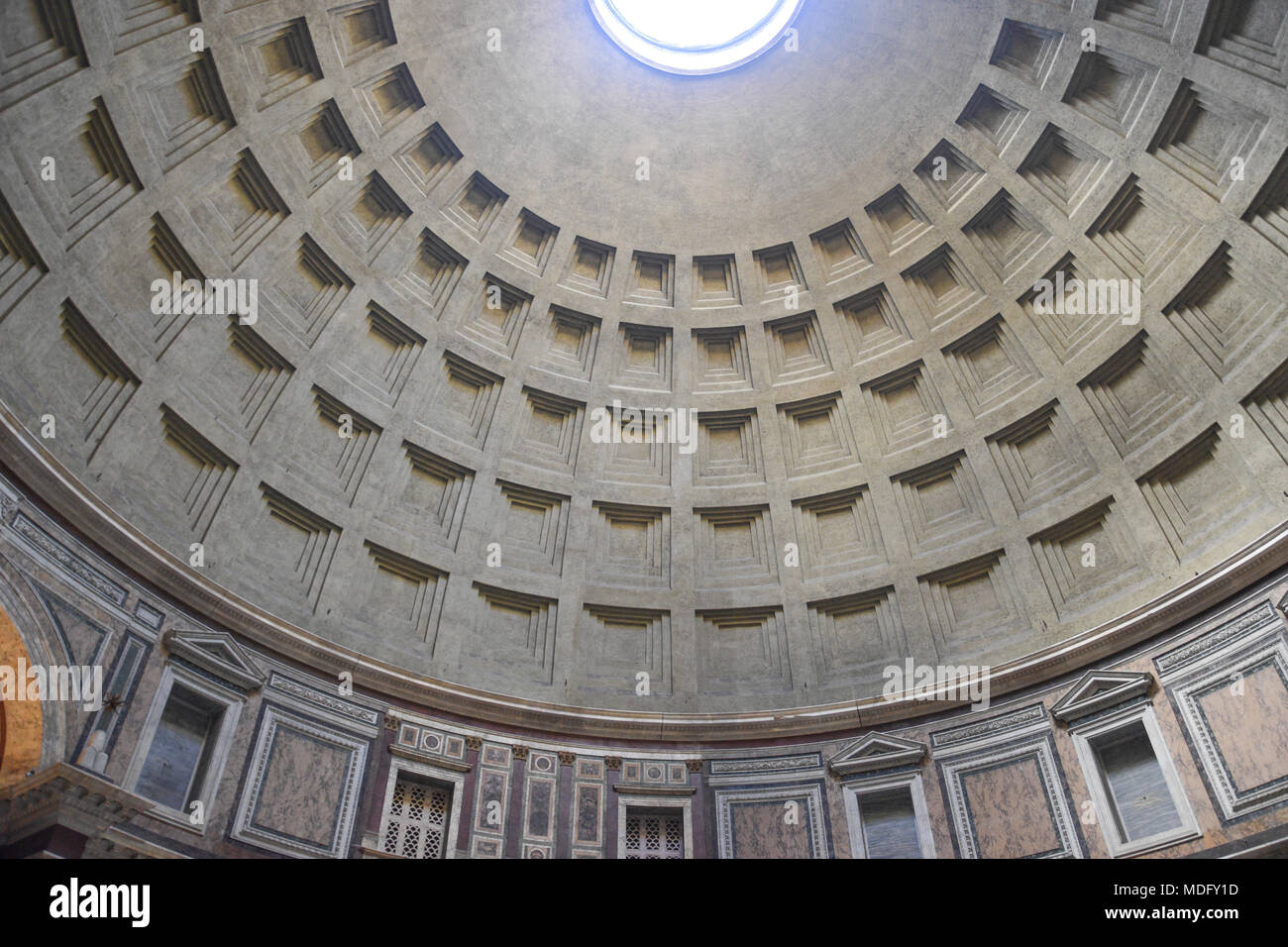 The oculus and coffered concrete dome of the Pantheon. It is the ...