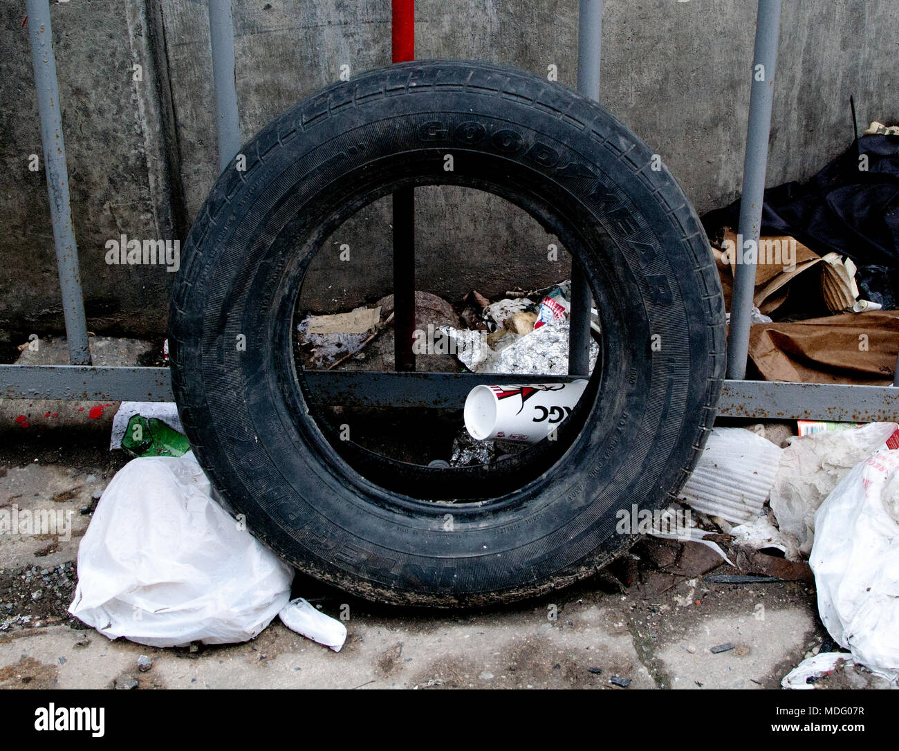 Tyre on the street of New York city in America. New York is a city ...