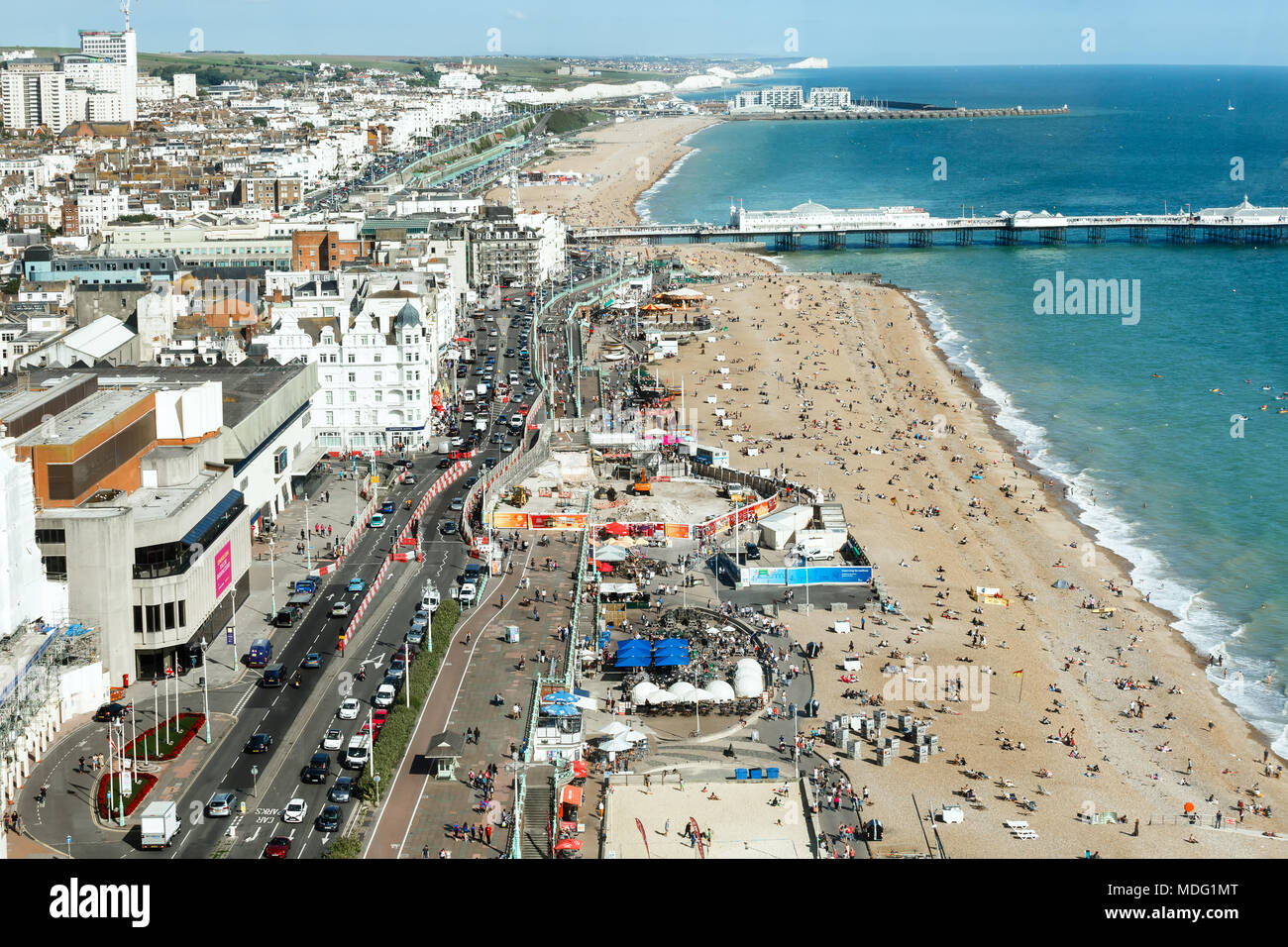 Aerial view of sunny summer Brighton, coastline, Seven Sisters on the ...