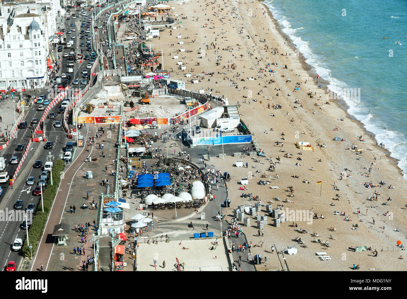 Aerial view of Brighton, roadway is made narrower due to built work ...