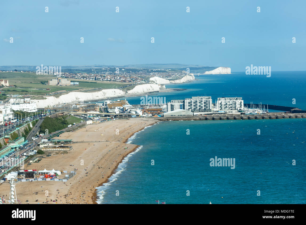 Aerial view of sunny summer Brighton, coastline, Seven Sisters on the ...