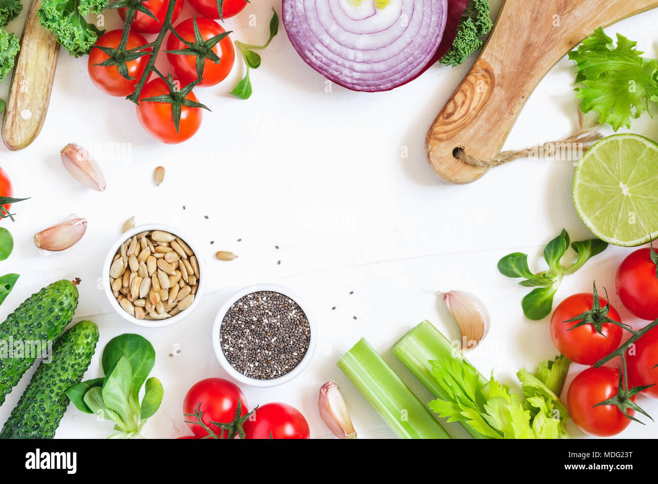 Top view of fresh vegetables over white background. Healthy and organic ...