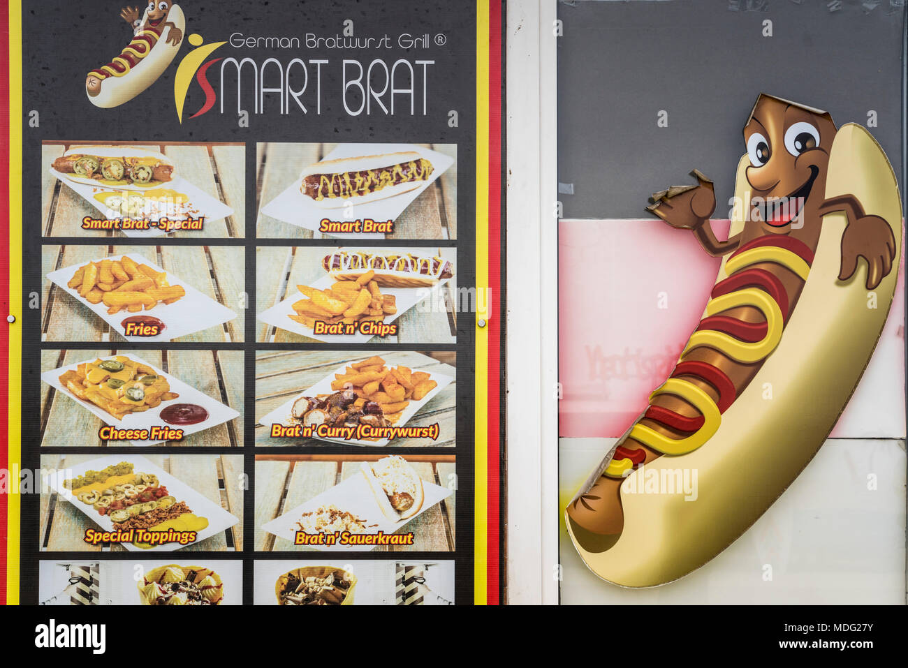 A Bratwurst Menu at a food vendor kiosk at Kite Beach, Dubai, UAE ...