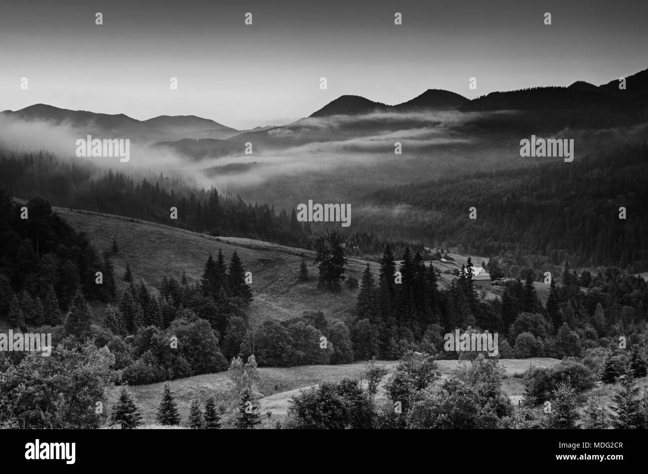 Sunny mountain landscape toned Black and White Stock Photos & Images ...