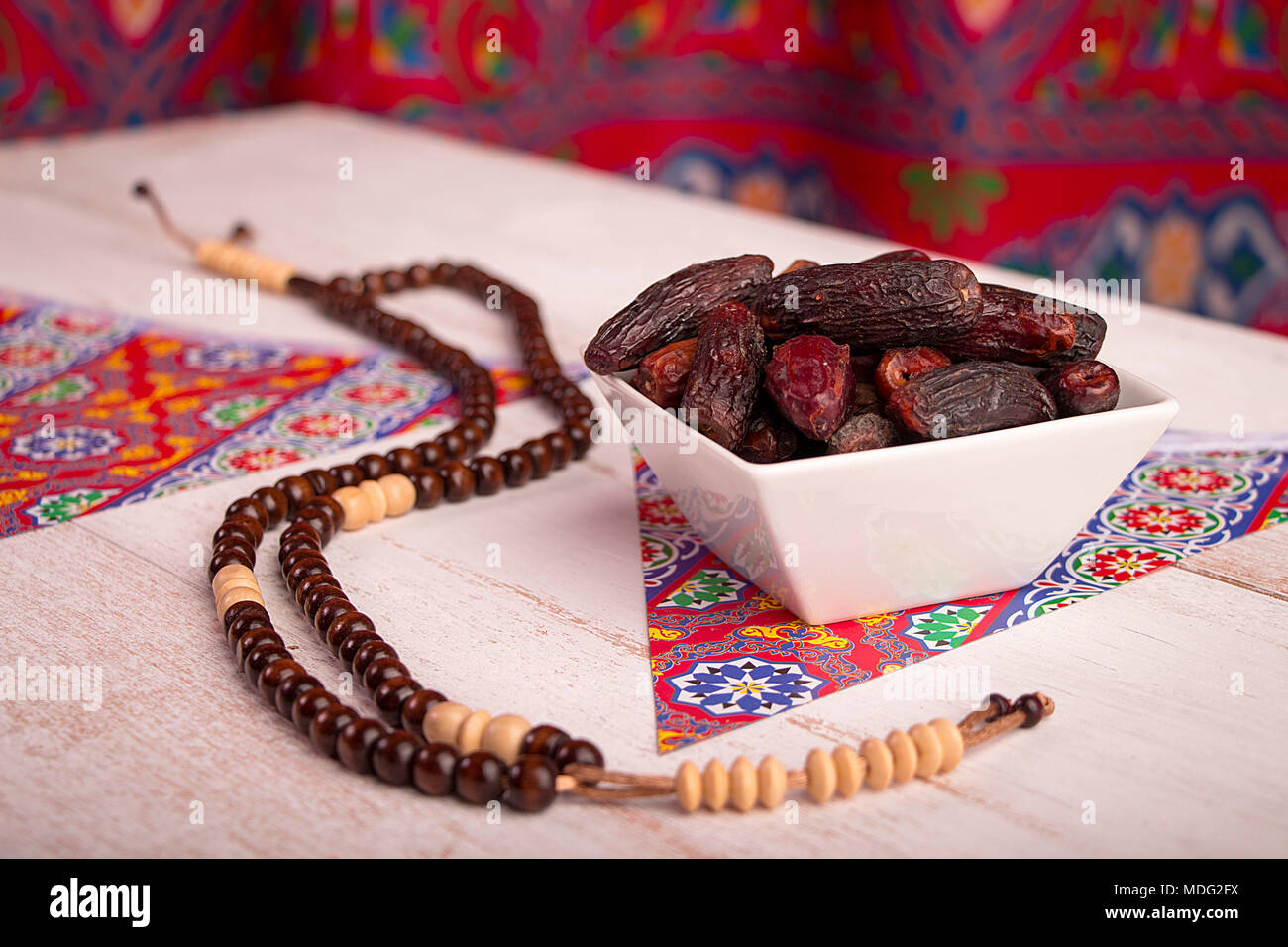 Ramadan Background - Plate of Arabian Dates , and rosary on a wooden ...
