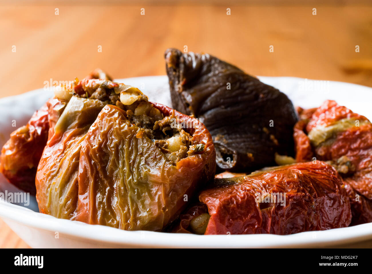 Turkish Dolma with Red pepper and Aubergine or Eggplant. Traditional ...