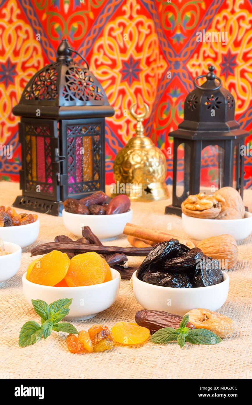 Ramadan Atmosphere - Dried Apricots Fruits and Nuts with Lantern in ...