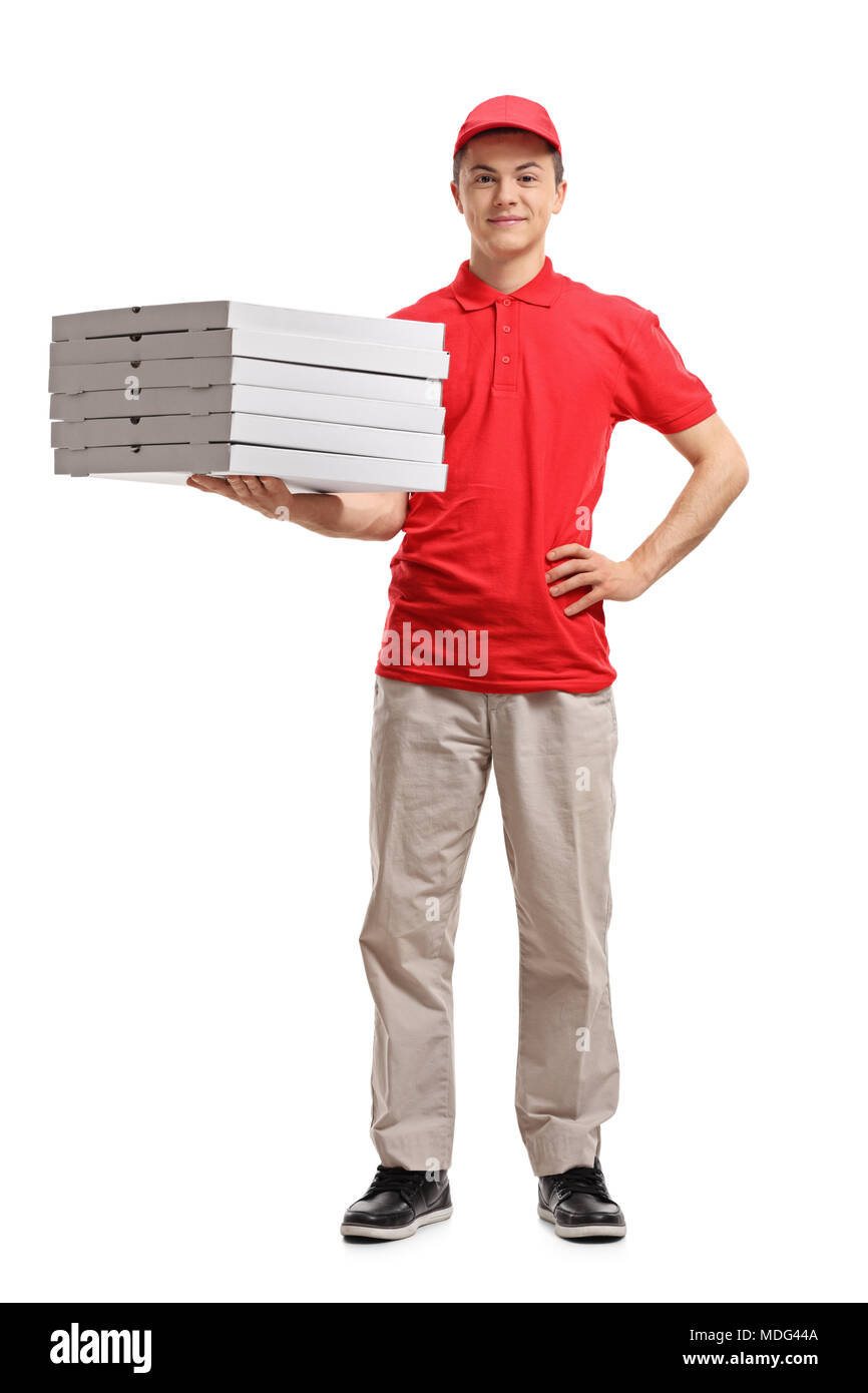 Full length portrait of a teenage delivery boy holding pizza boxes ...