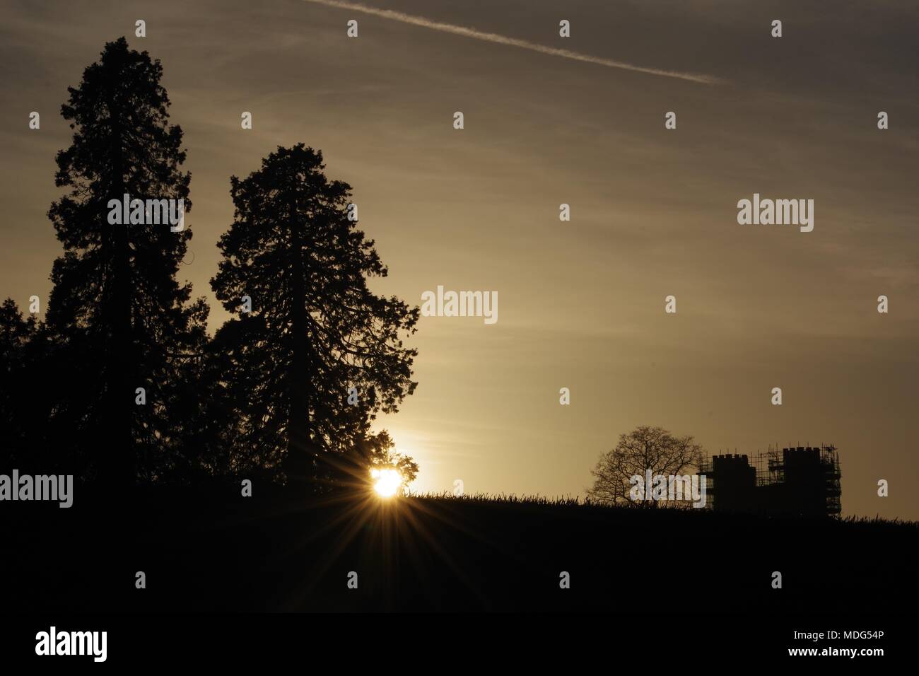 Sunset Silhouetting Powderham Castle's Belvedere Folly Tower. Spring ...