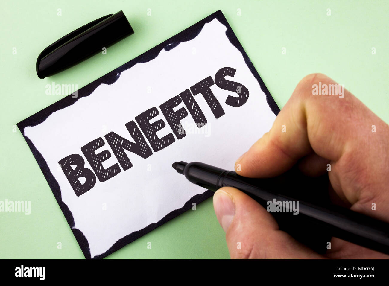 Handwriting text Benefits. Concept meaning hike in allowance for senior ...