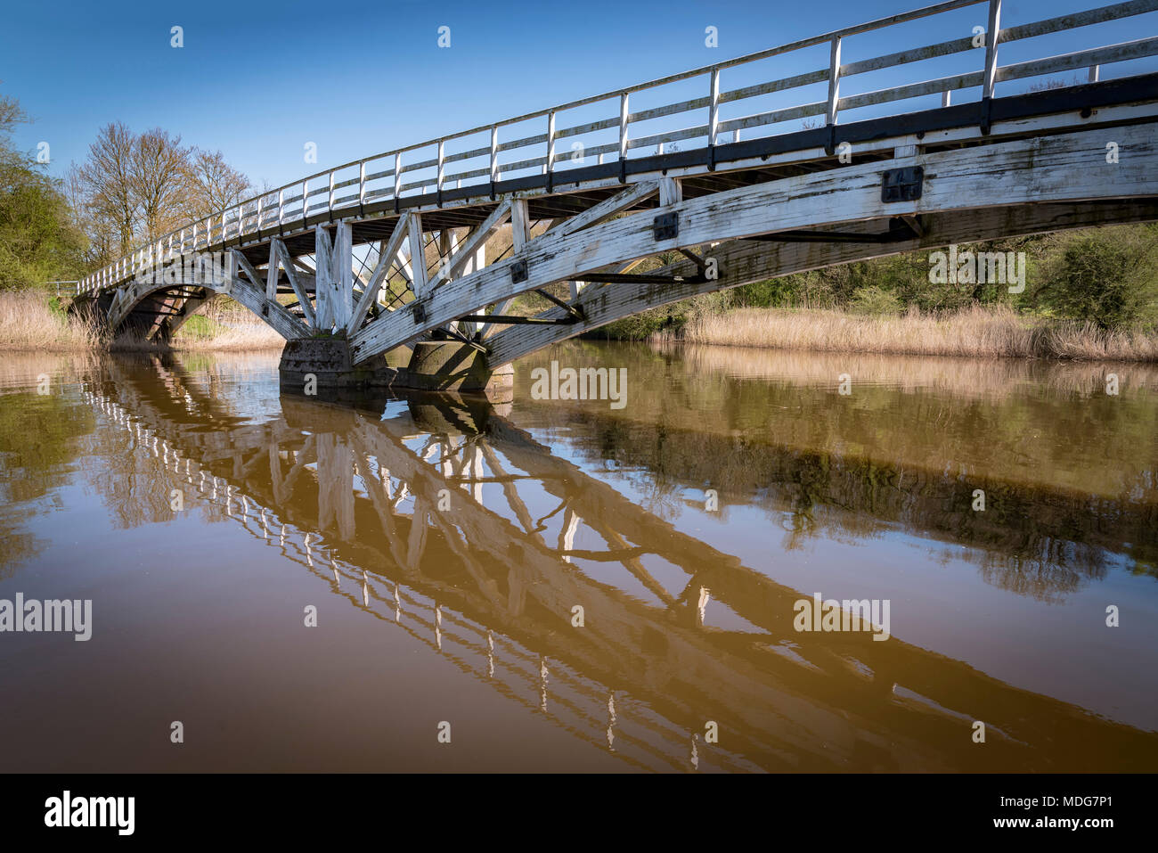 River Weaver at Dutton Locks. White wooden bridge.Weaver Navigation ...