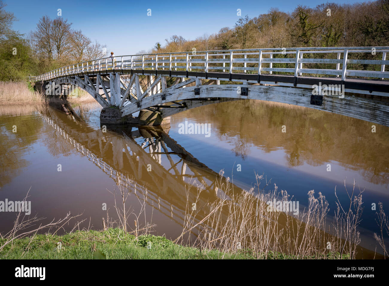 River Weaver at Dutton Locks. White wooden bridge.Weaver Navigation ...