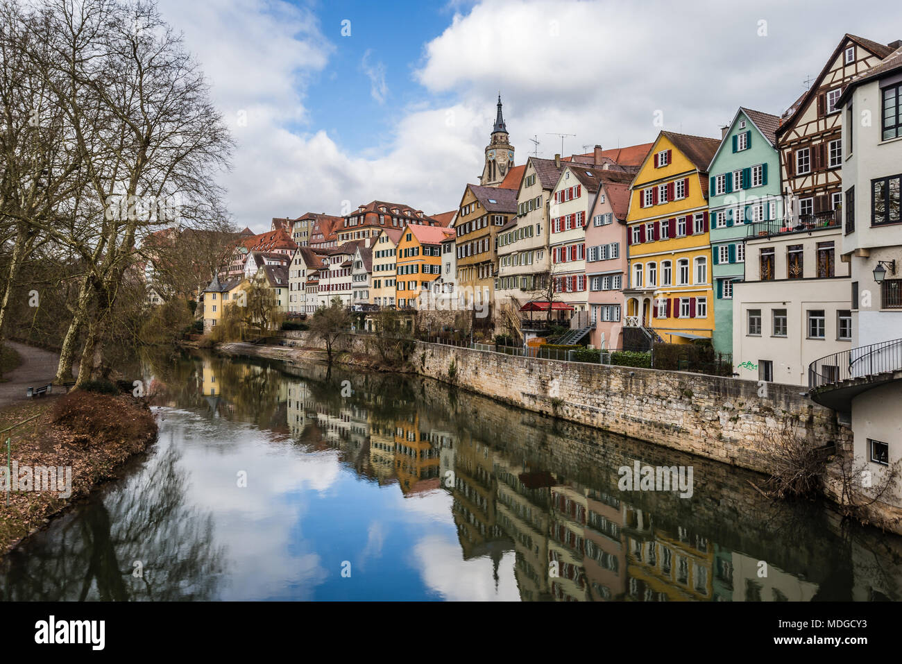 River Neckar, colourful homes and reflections Stock Photo - Alamy