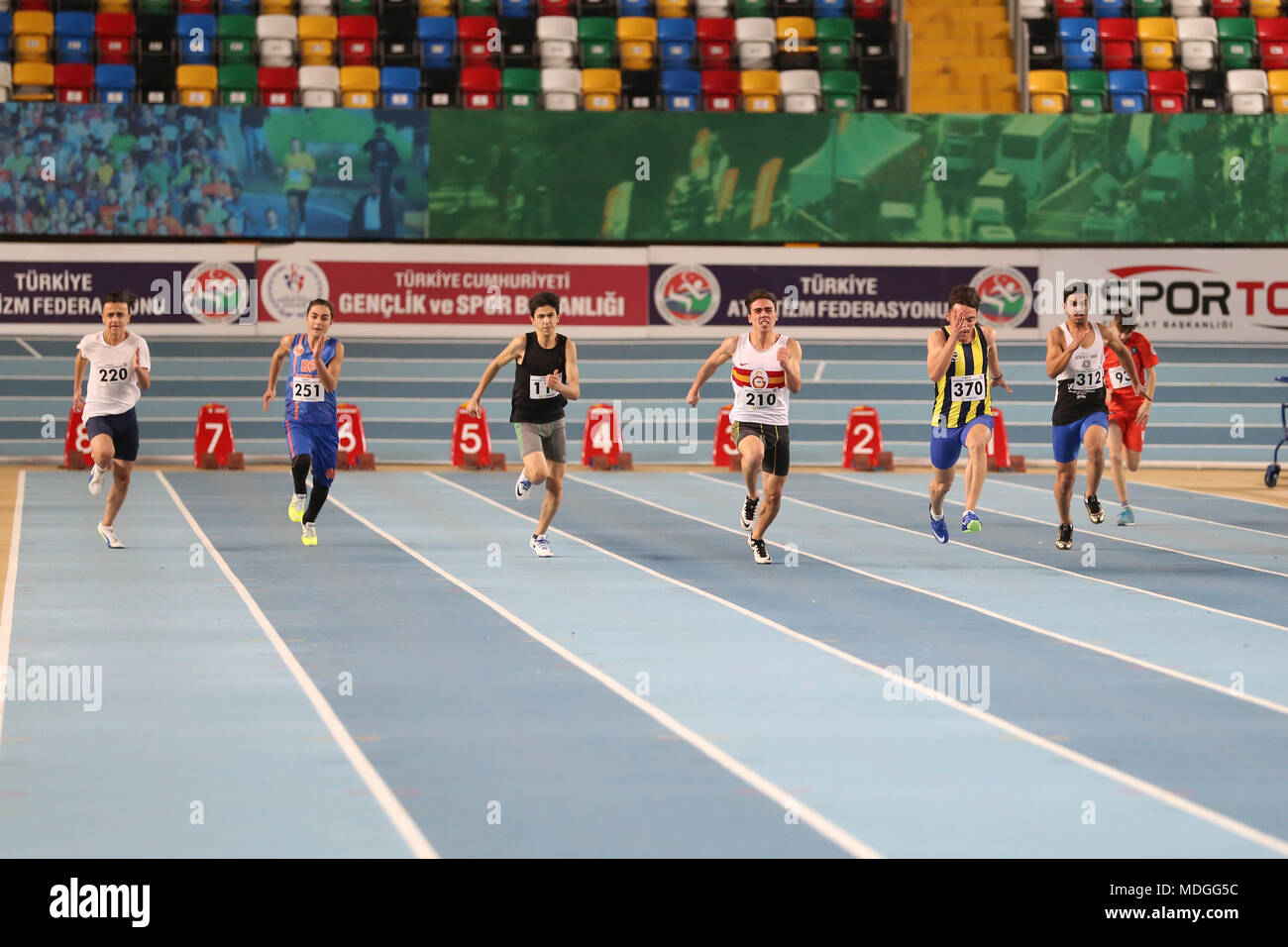 ISTANBUL, TURKEY - JANUARY 06, 2018: Athletes running 60 meters during ...