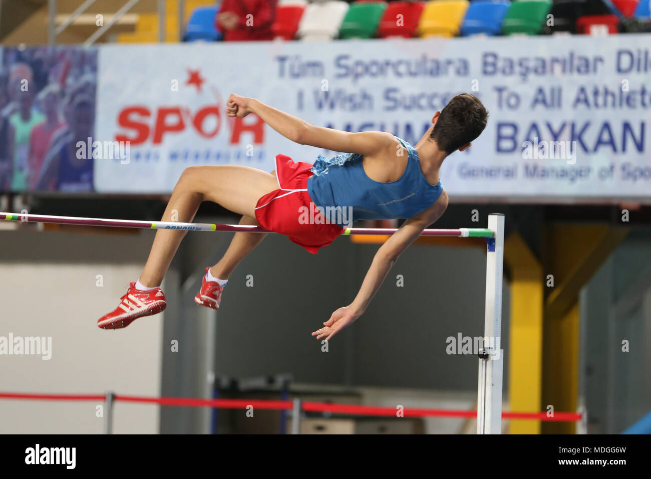 ISTANBUL, TURKEY - JANUARY 06, 2018: Undefined athlete high jumping ...