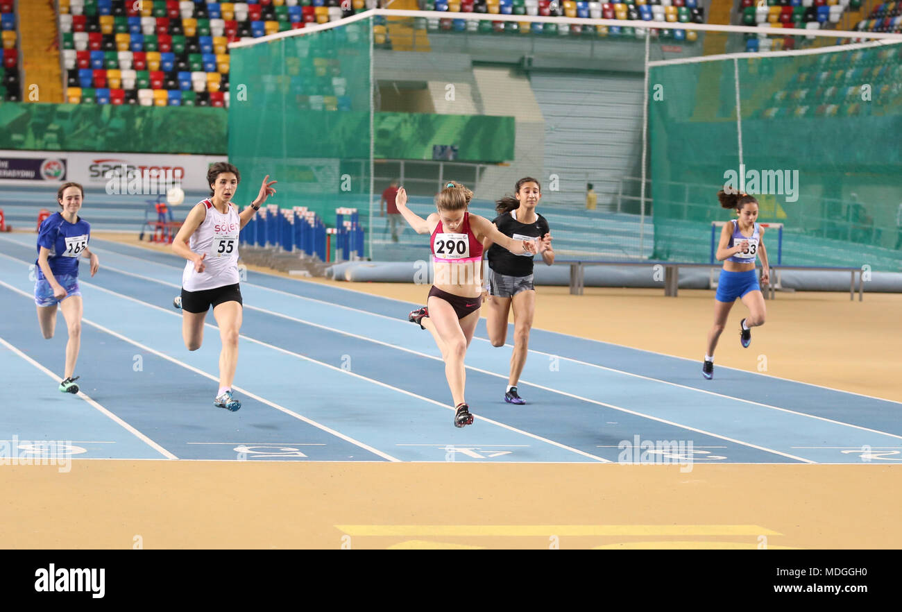 ISTANBUL, TURKEY - JANUARY 06, 2018: Athletes running 60 meters during ...