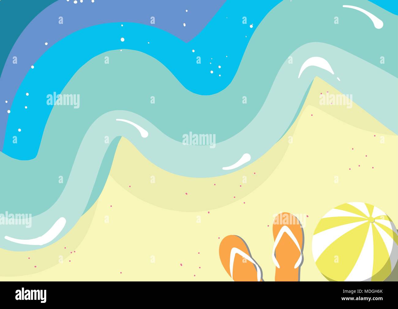 Top view of beach with sea surf, ball and flip flop in colorful color ...