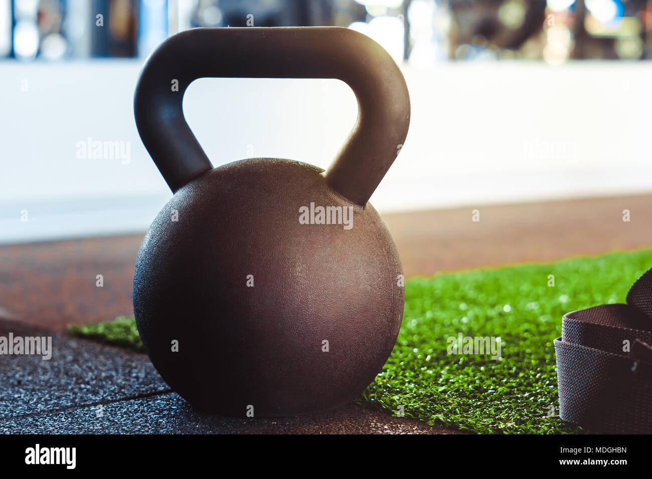 Close up of dumbbell exercise weights on the floor at fitness gym ...
