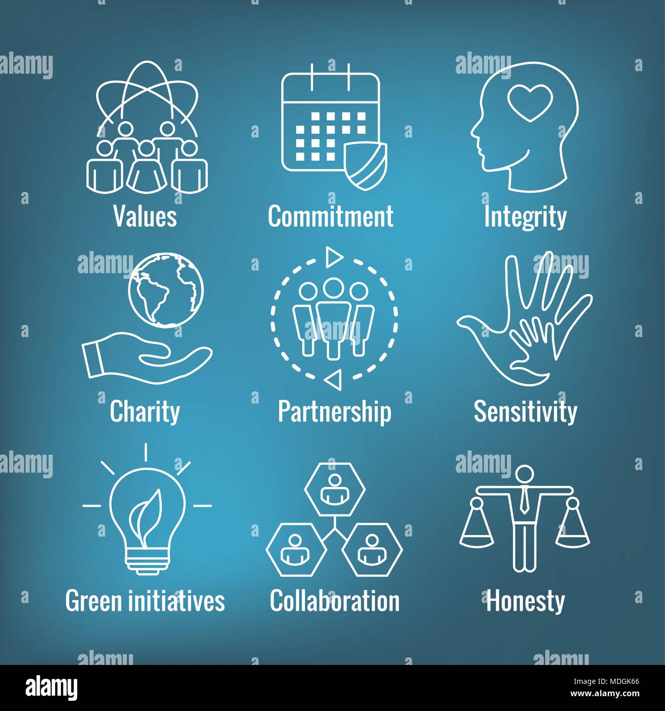 Social Responsibility Outline Icon Set with Honesty, integrity ...