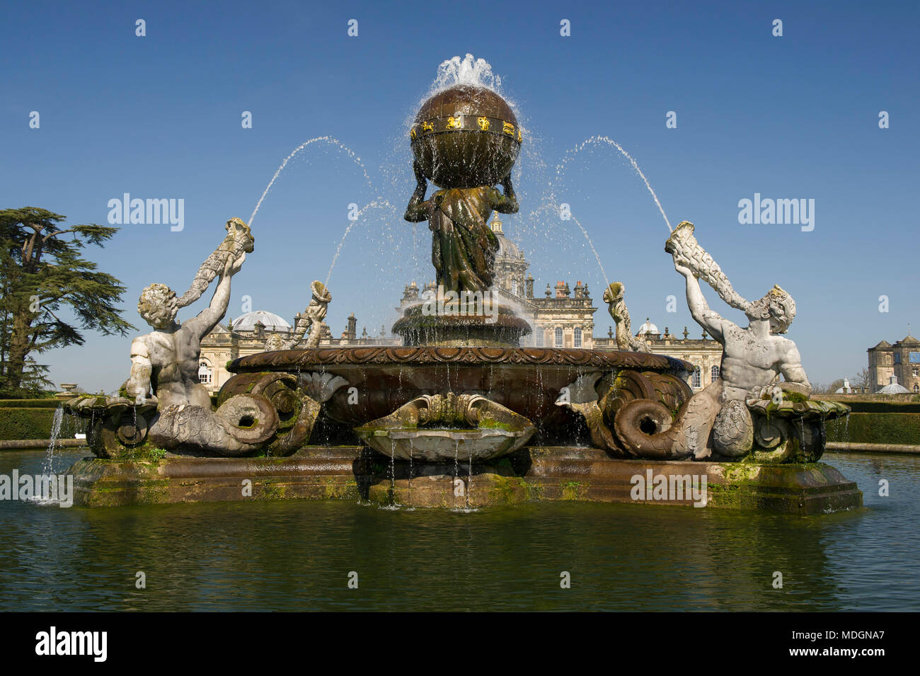 The Atlas Fountain in the gardens of Castle Howard in North Yorkshire ...