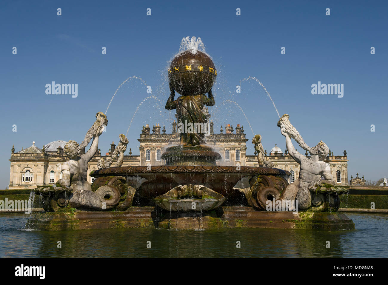 The Atlas Fountain in the gardens of Castle Howard in North Yorkshire ...