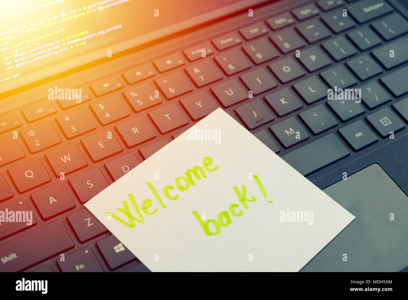 Welcome back message concept written post it on laptop keyboard Stock ...